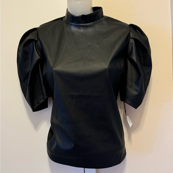 no b | Tops | New Faux Leather Elegant Black Puff Sleeve Top | Poshmark